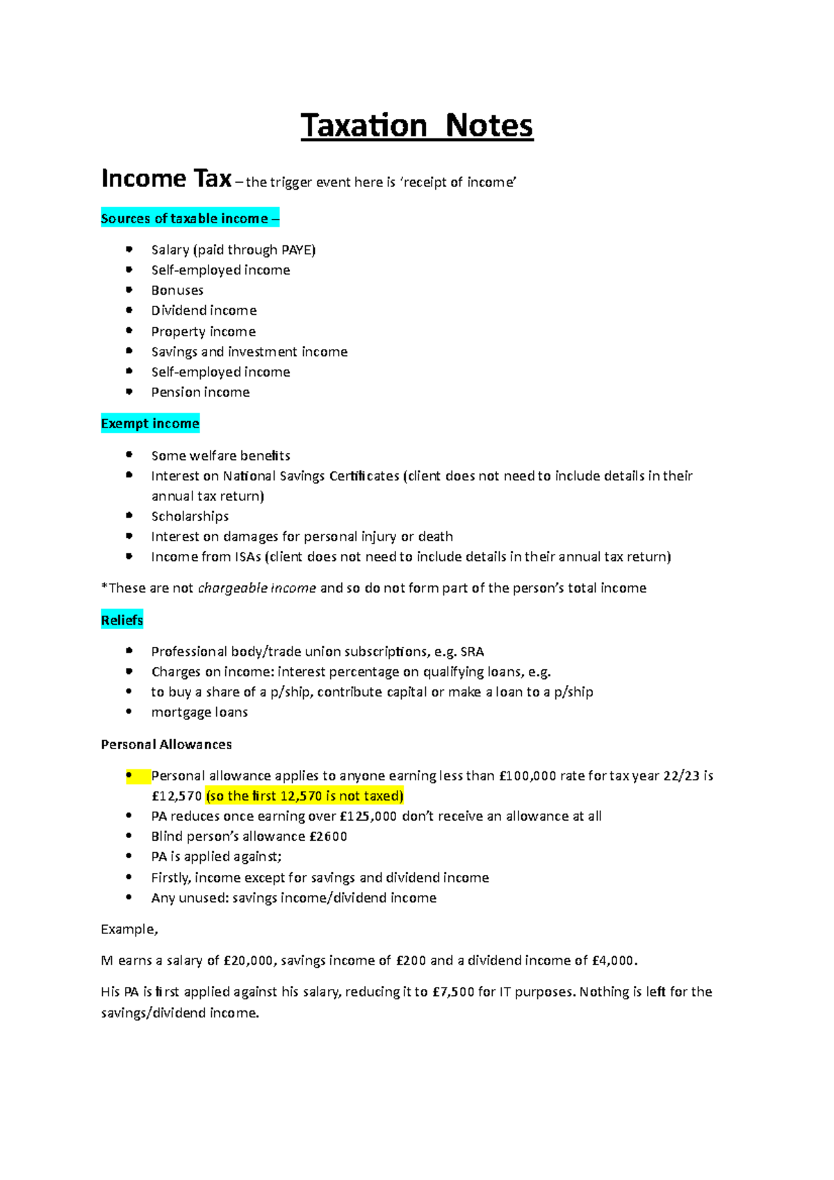 Taxation, income tax, CGT and Inheritance Tax - Taxation Notes Income ...