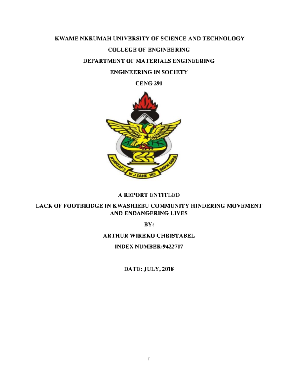 CENG 291 Materials Project Report - i KWAME NKRUMAH UNIVERSITY OF ...