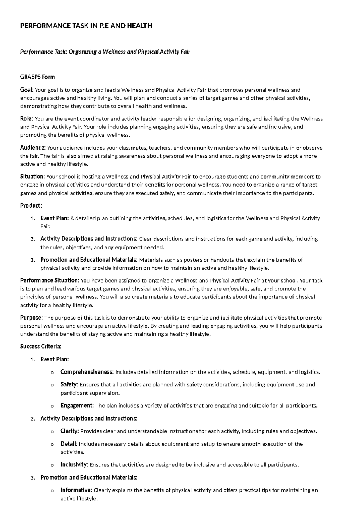 Performance TASK IN P - Intended for students - PERFORMANCE TASK IN P ...