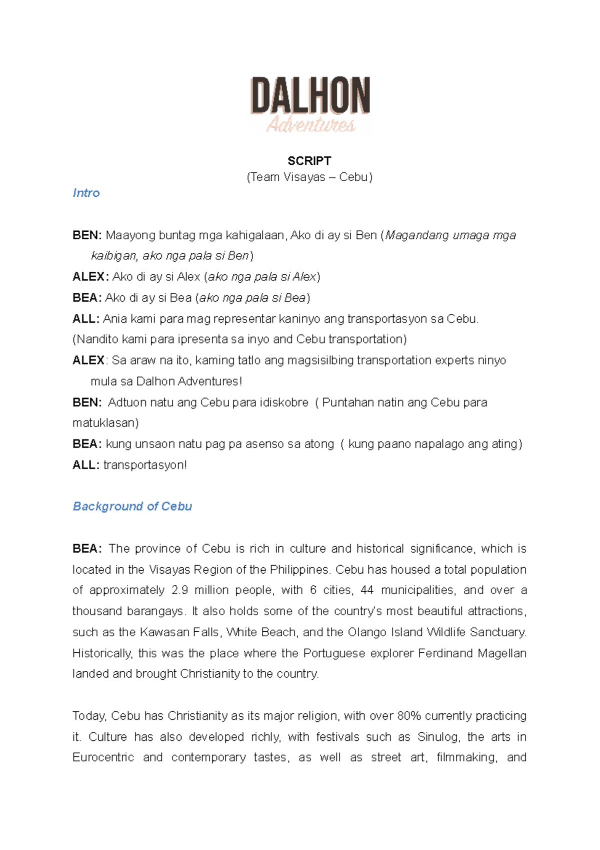 T161 -Visayas-Script-revised - SCRIPT (Team Visayas – Cebu) Intro BEN ...