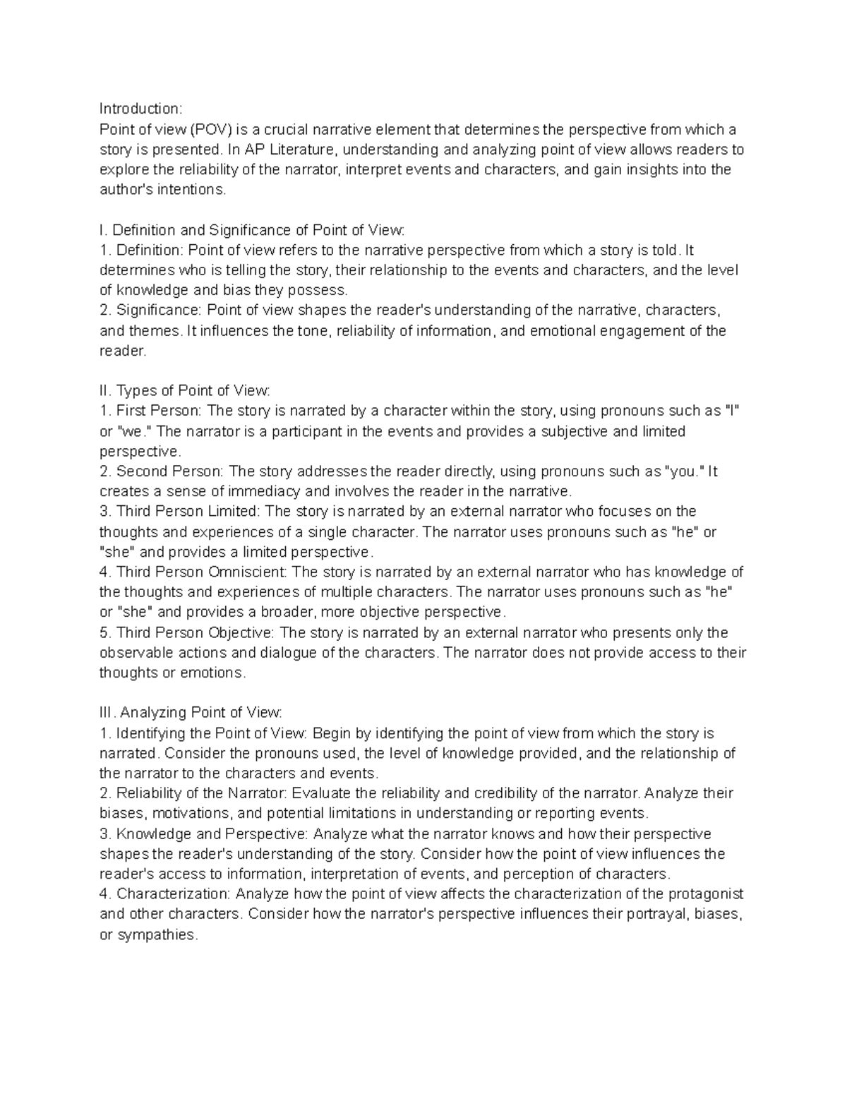 Point of View in AP Literature - Introduction: Point of view (POV) is a ...