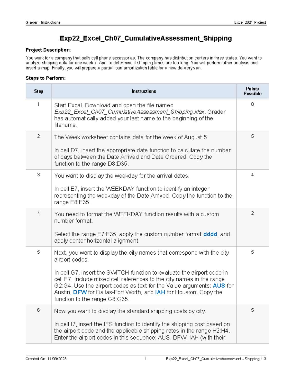 Exp22 Excel Ch07 Cumulative Assessment Shipping Instructions - - Studocu