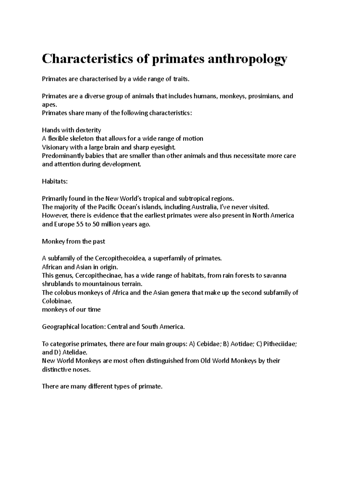 Characteristics of primates anthropology - AMU - Studocu