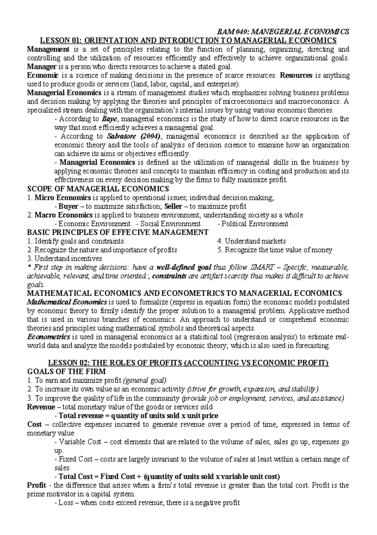 667332010 1ST YEAR 2ND SEM BAM 040 Reviewer - BAM 040: MANEGERIAL ...