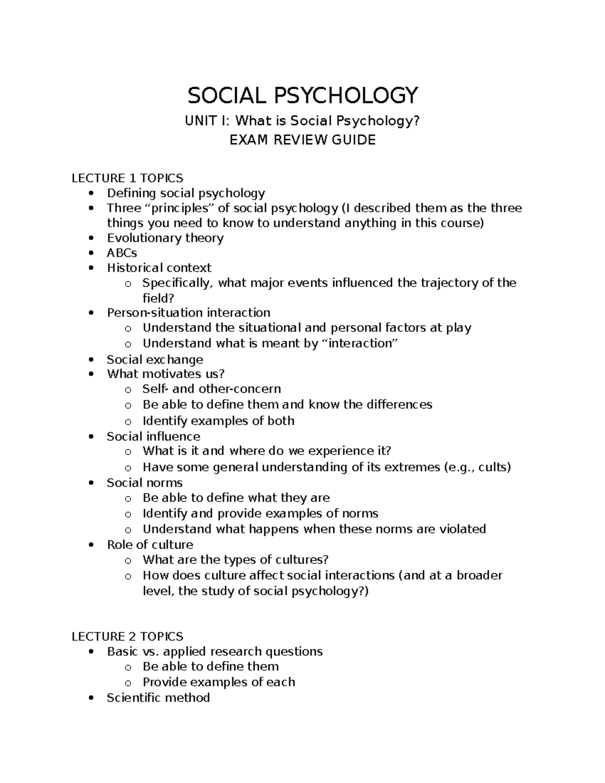 Unit 1 Exam Review Guide - SOCIAL PSYCHOLOGY UNIT I: What is Social ...