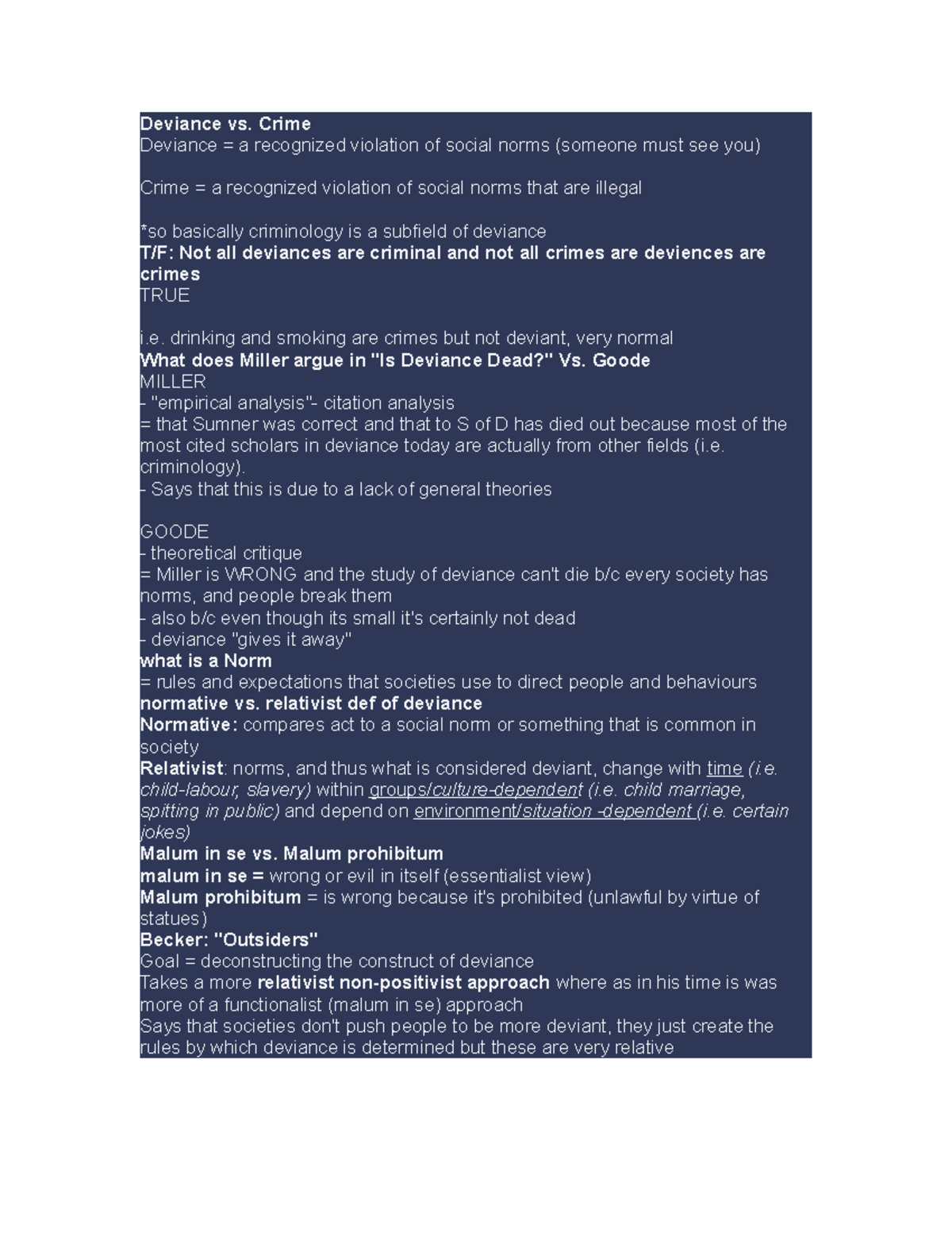 Deviance vs - good - Deviance vs. Crime Deviance = a recognized ...