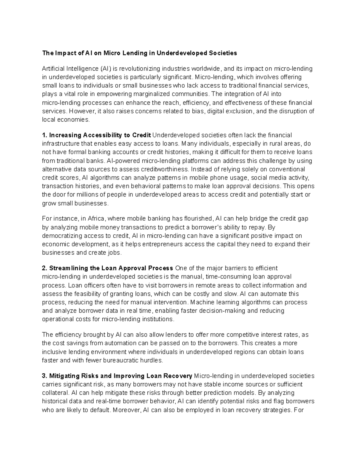 Micro lending and AI - The Impact of AI on Micro Lending in ...