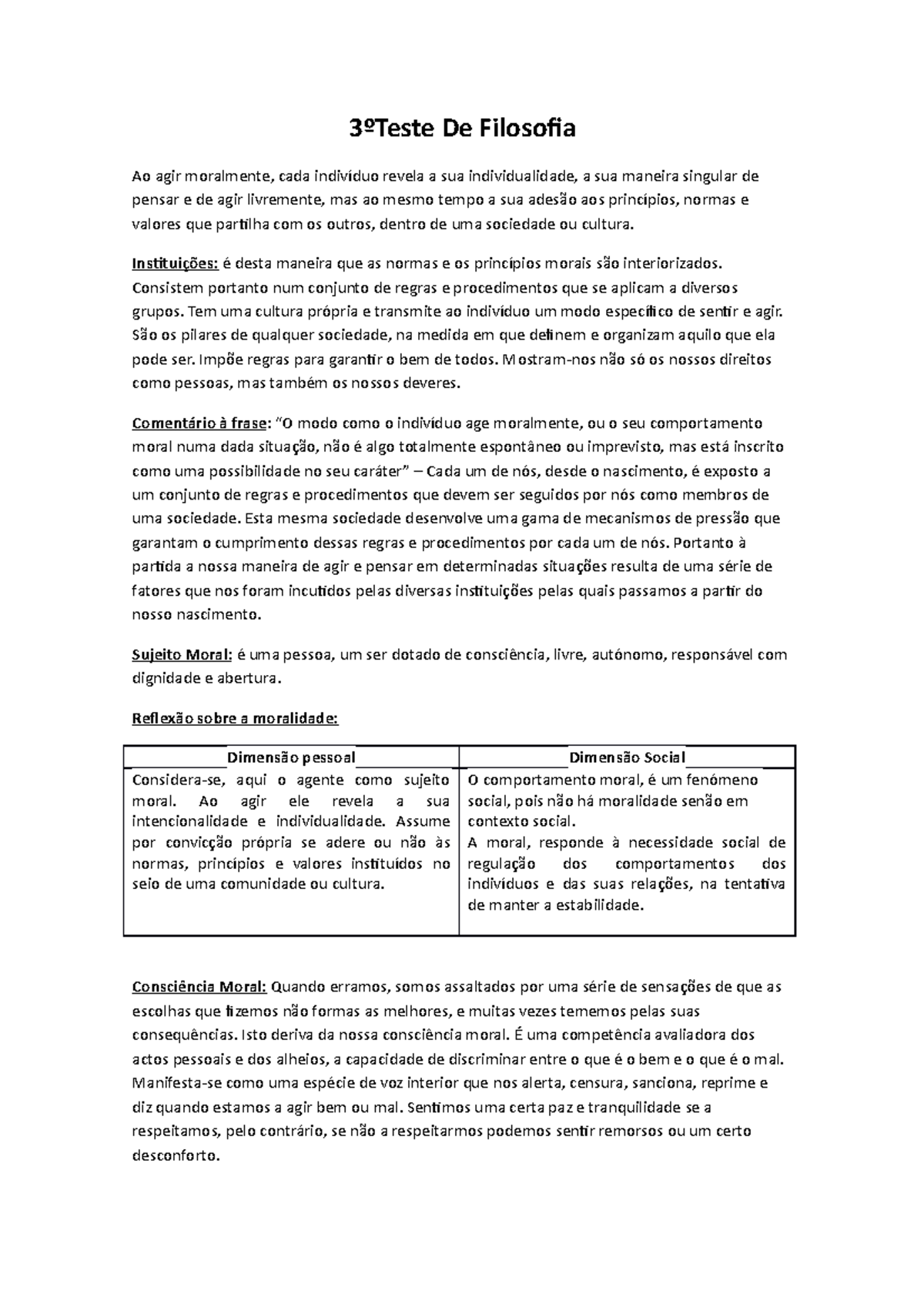 Resumo Filosofia 10ºAno - 3ºTeste De Filosofia Ao agir moralmente, cada ...
