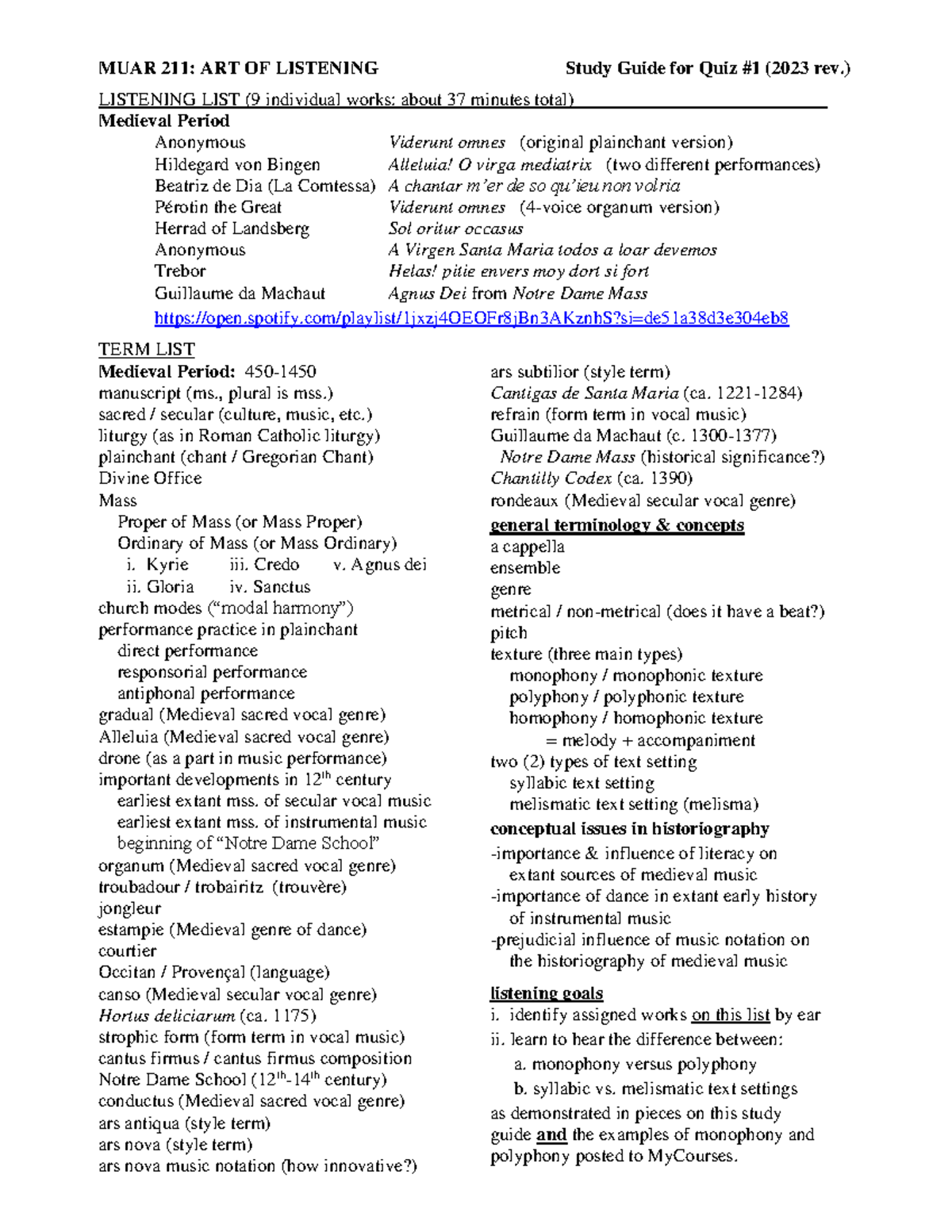 Study Guide Quiz #1 Fall 2023 - MUAR 211: ART OF LISTENING Study Guide ...