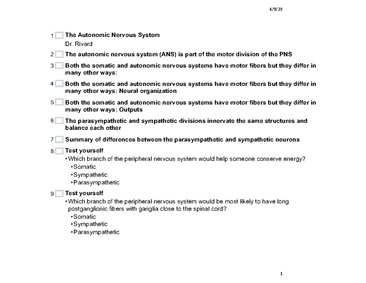 12. The Autonomic Nervous System - 4/9/ 1 The Autonomic Nervous System ...