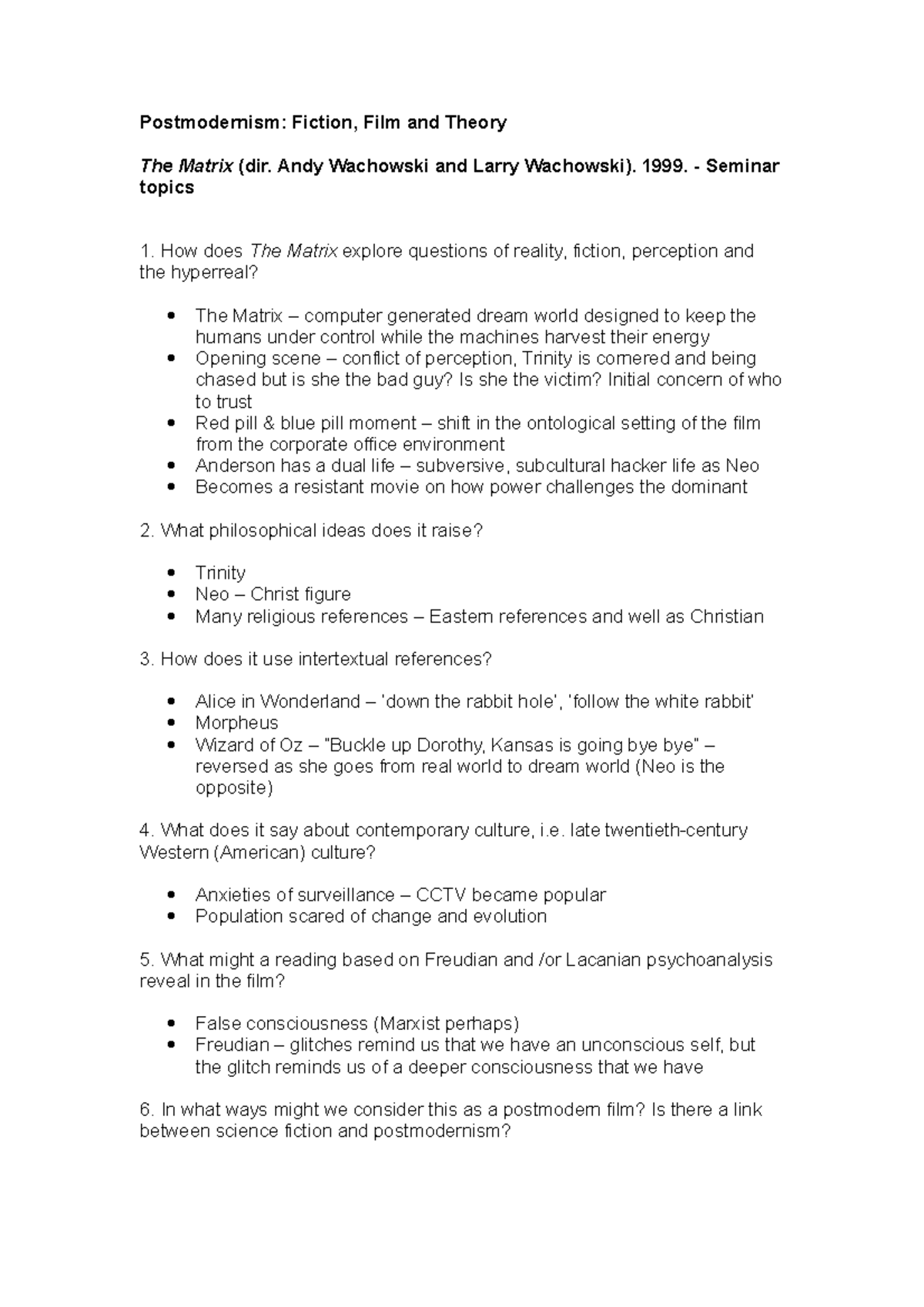Week 9 - Seminar sheet - Andy and Larry Wachowski's 'The Matrix ...