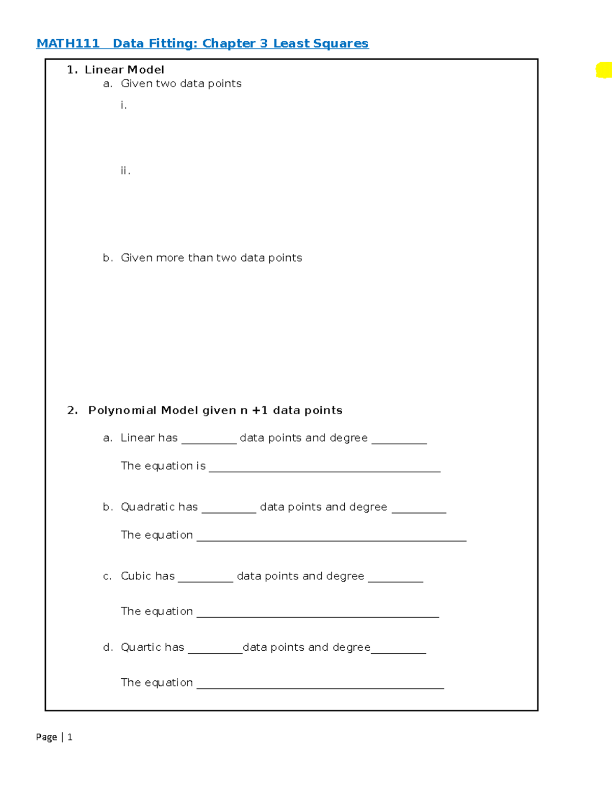 Data Fitting Chapter 3 Least Squares Completed Notes Math111 Data Fitting Chapter 3 Least 
