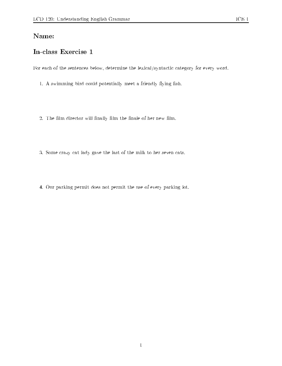 All In Class Exercises with Key - Name: In-class Exercise 1 For each of ...