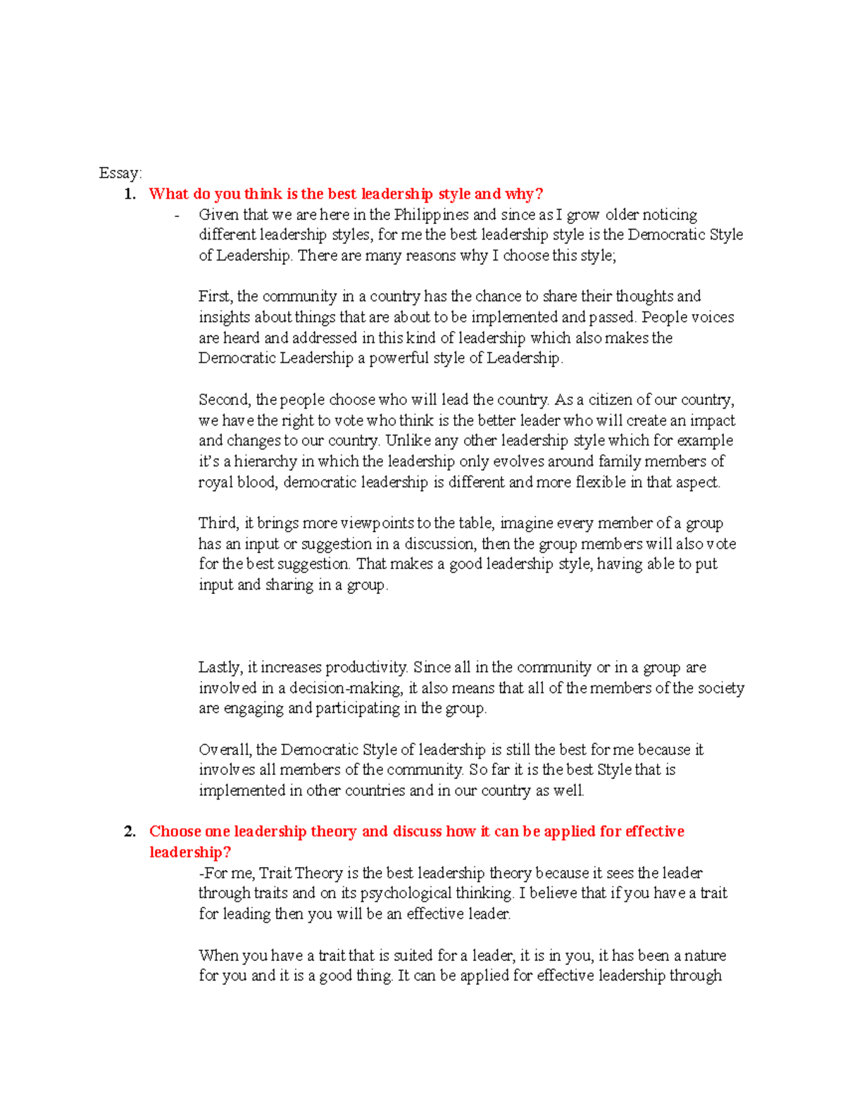 QNL Leadership Approaches Essays (22) - Essay: 1. What do you think is ...