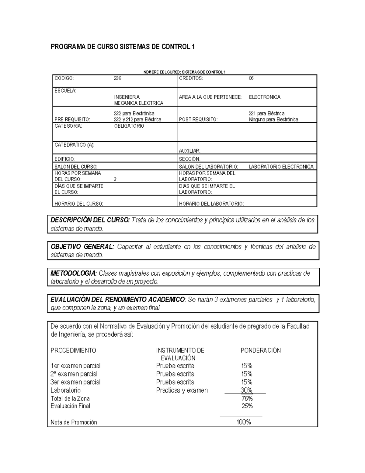 236 Sistemas DE Control - PROGRAMA DE CURSO SISTEMAS DE CONTROL 1 ...