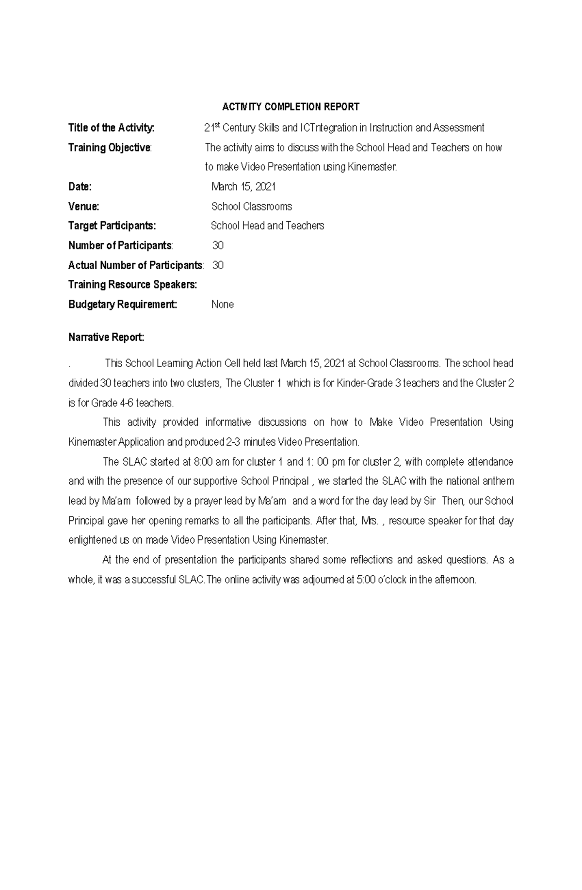 ACR- Video- Presentation - ACTIVITY COMPLETION REPORT Title of the ...