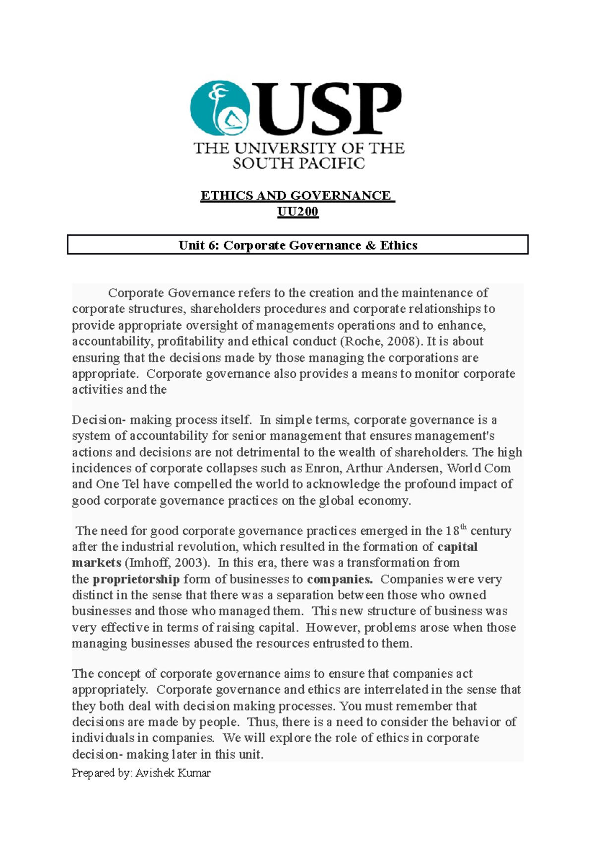 Uu200 unit 6-12 - Lecture notes 6-12 - ETHICS AND GOVERNANCE UU Unit 6 ...