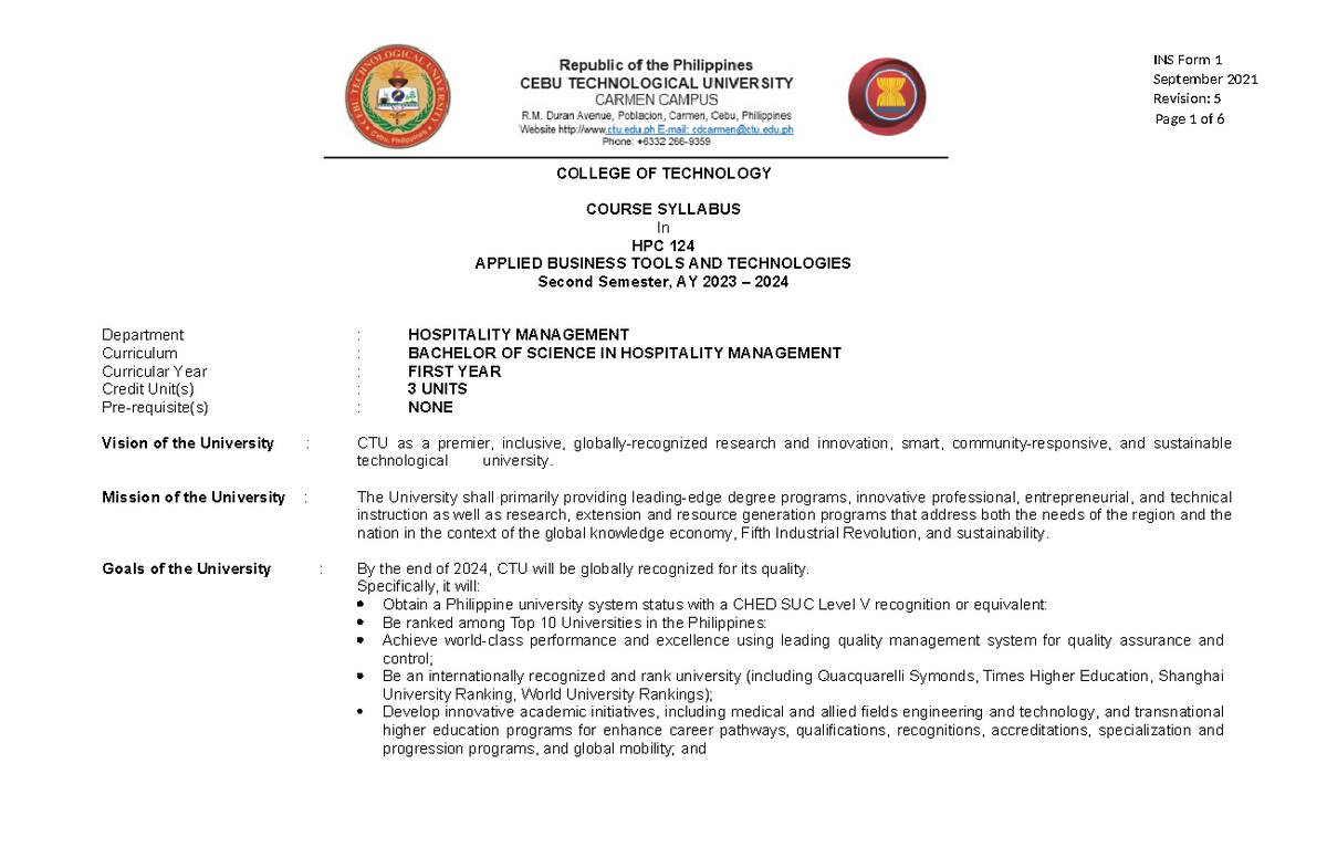 applied business tools - September 2021 Revision: 5 Page 1 of 6 COLLEGE ...