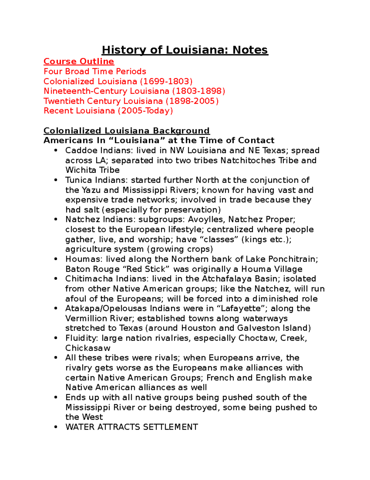 HIST 307 - Pt. 1 - History of Louisiana: Notes Course Outline Four ...