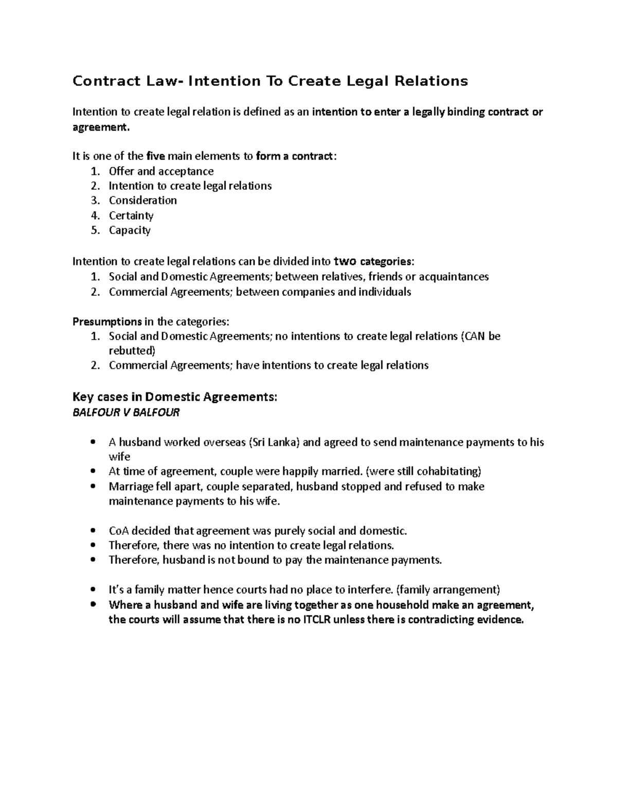 ITCLR Notes- Contract Law - Contract Law- Intention To Create Legal ...