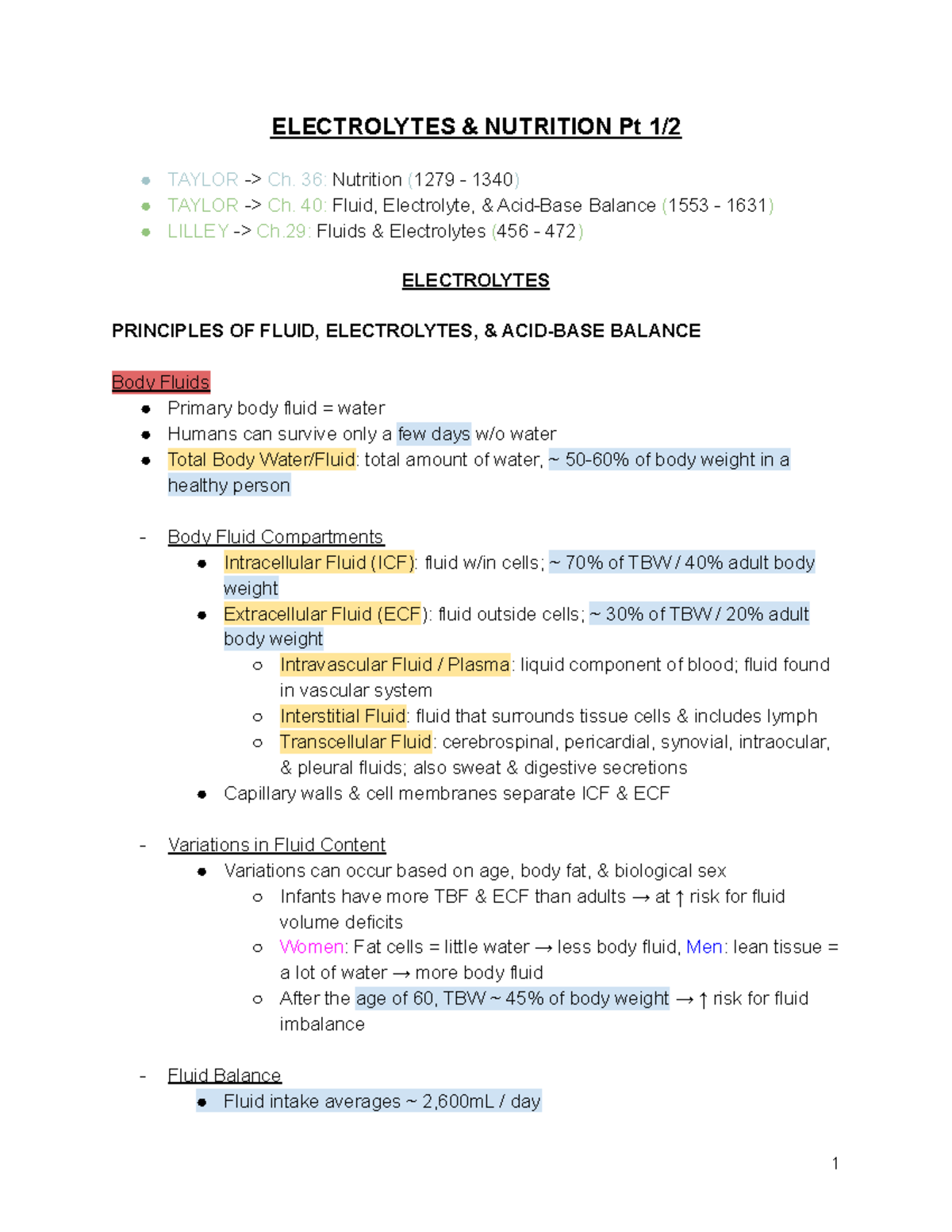 N11 Electrolytes and Nutrition Notes Pt 1 of 2 - Exam 3 - ELECTROLYTES ...