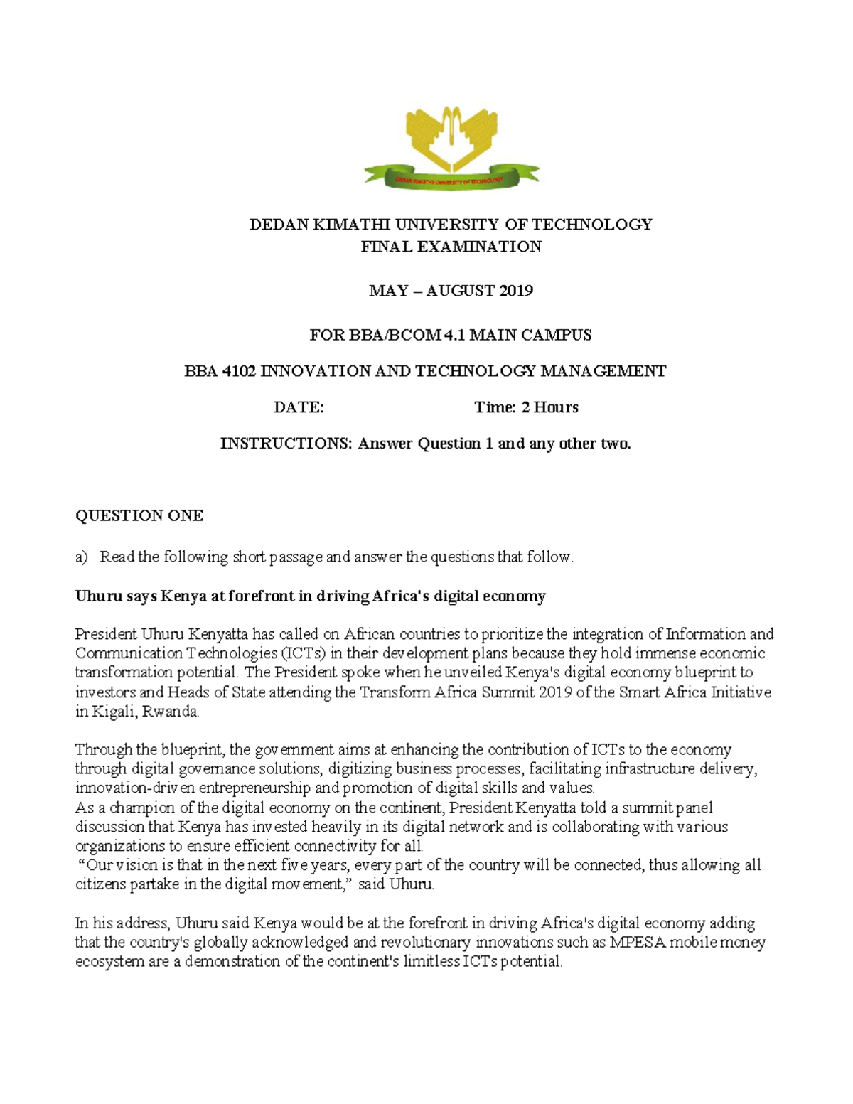 BBA 4102 Innovation AND Technology Management - DEDAN KIMATHI UNIVERSITY OF TECHNOLOGY FINAL ...