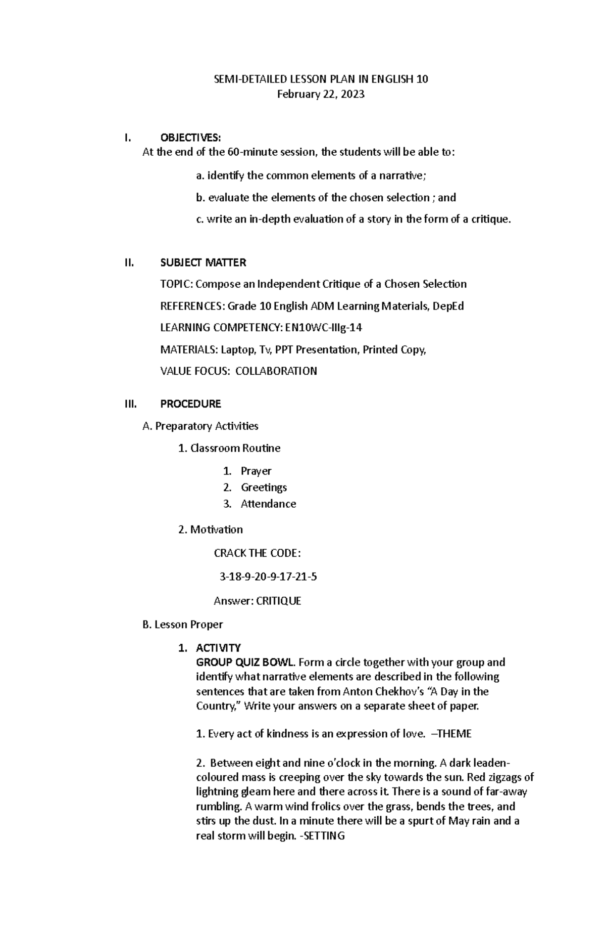 Q3 M2 Lesson 1 Eryreyreyeay Semi Detailed Lesson Plan In English 10