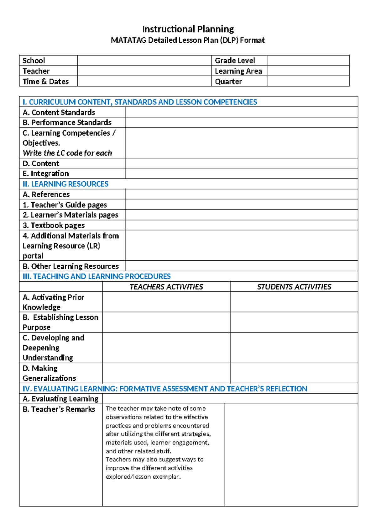 DLP- Format - Instructional Planning MATATAG Detailed Lesson Plan (DLP) Format School Grade ...