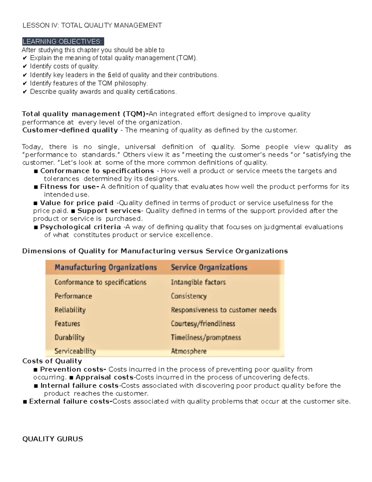 Operations MAnagement with TQM Module 4 - LESSON IV: TOTAL QUALITY ...