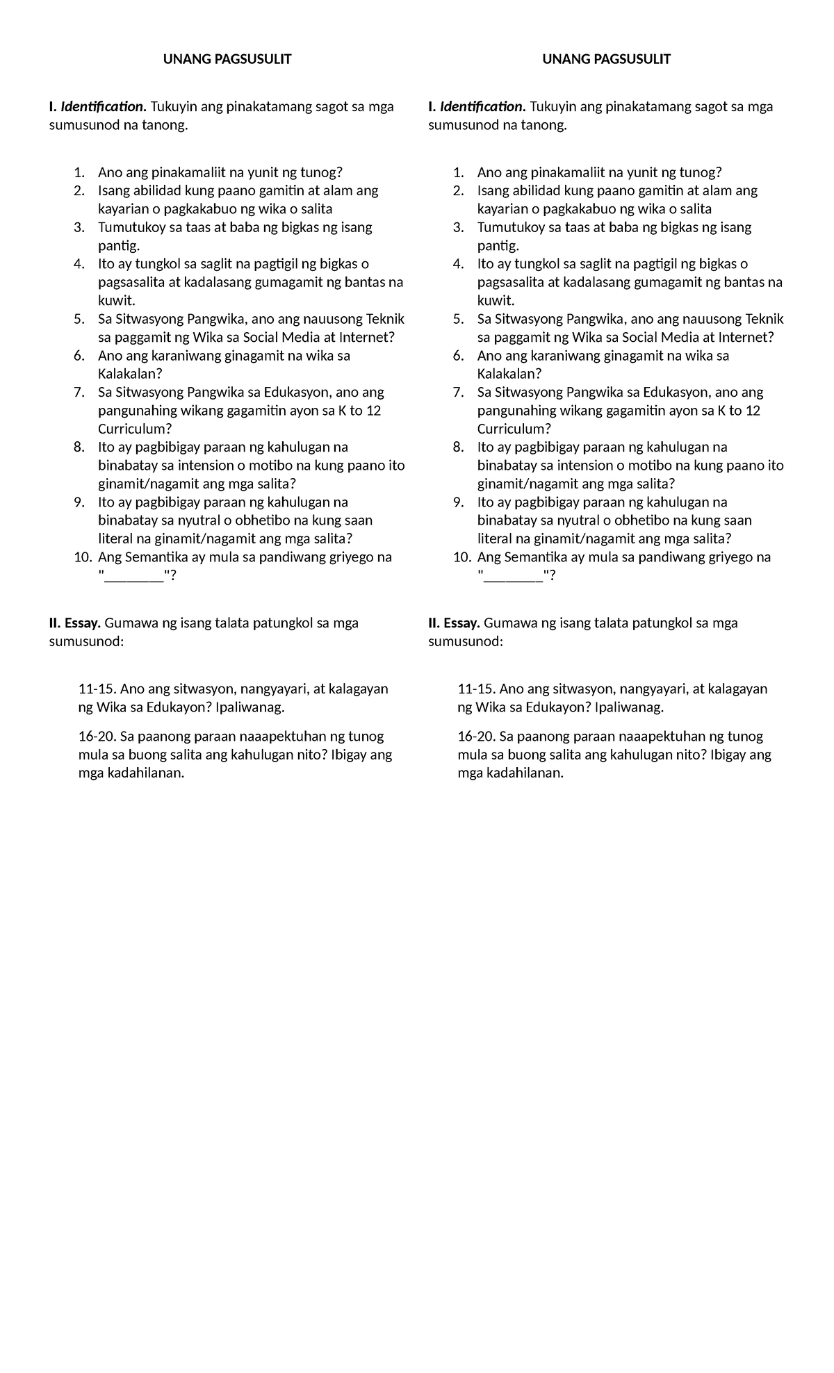 Unang Pagsusulit - jasfhkashf;osidhfsf sdfklshf - UNANG PAGSUSULIT I ...