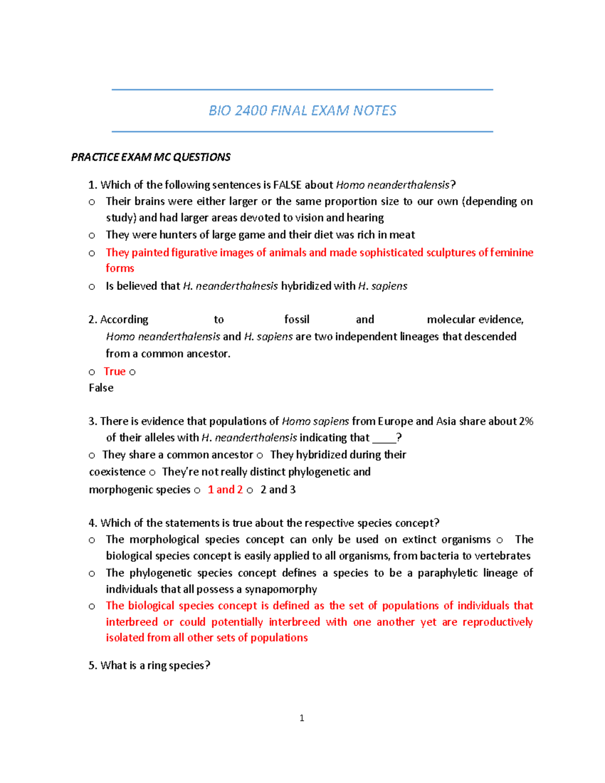 BIO 2400 Final EXAM Notes - 1 BIO 2400 FINAL EXAM NOTES PRACTICE EXAM ...