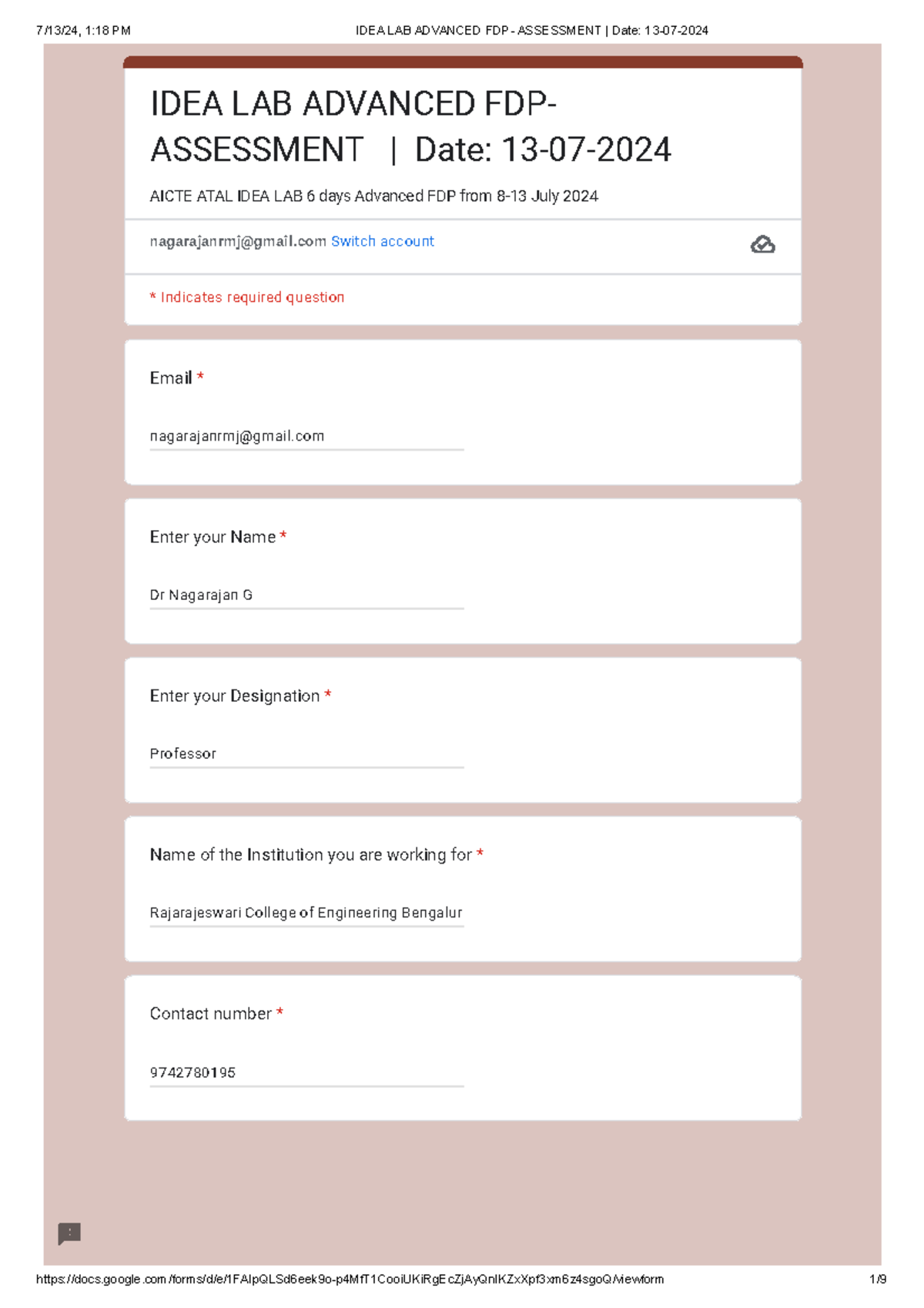 IDEA LAB Advanced FDP- Assessment Date 13-07-2024 - Email * IDEA LAB ...