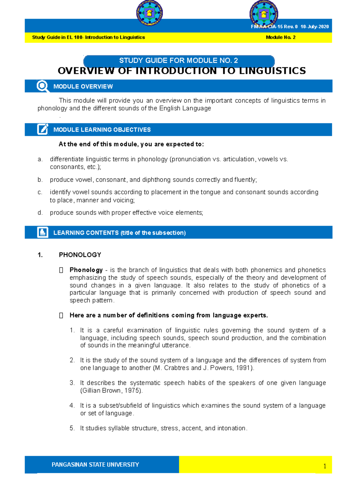 EL 100 Module 2 - BSE - OVERVIEW OF INTRODUCTION TO LINGUISTICS MODULE ...