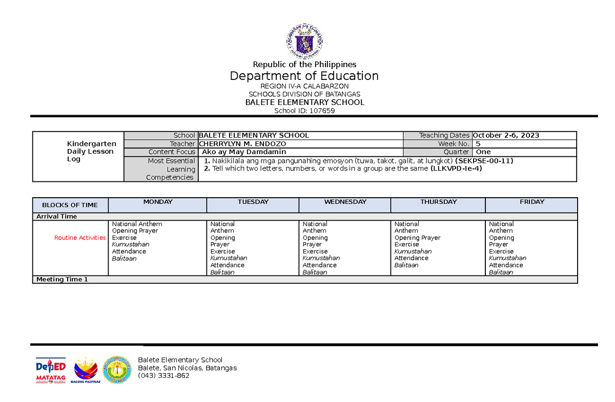 Kindergarten DLL Quarter 1 WEEK 5 - Department of Education REGION IV-A ...