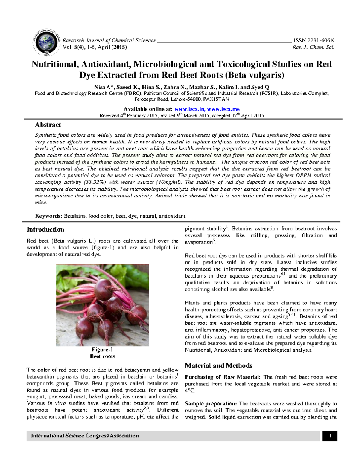 Red beet paper - Research Journal of Chemical Sciences - Studocu
