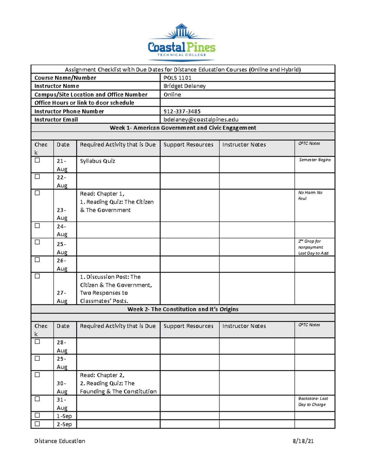 Assignment Checklist Distance Education Fall 2023 - Course Name/Number POLS 1101 Instructor Name ...