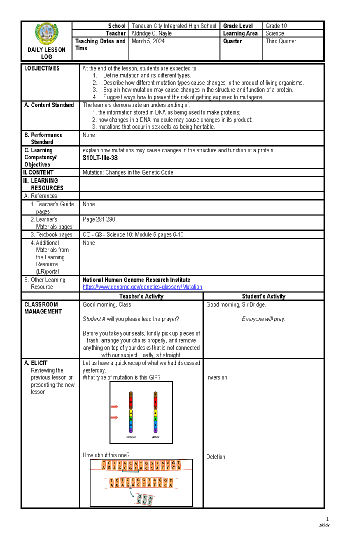 2. Mutation DLP - 1 DAILY LESSON LOG School Tanauan City Integrated ...