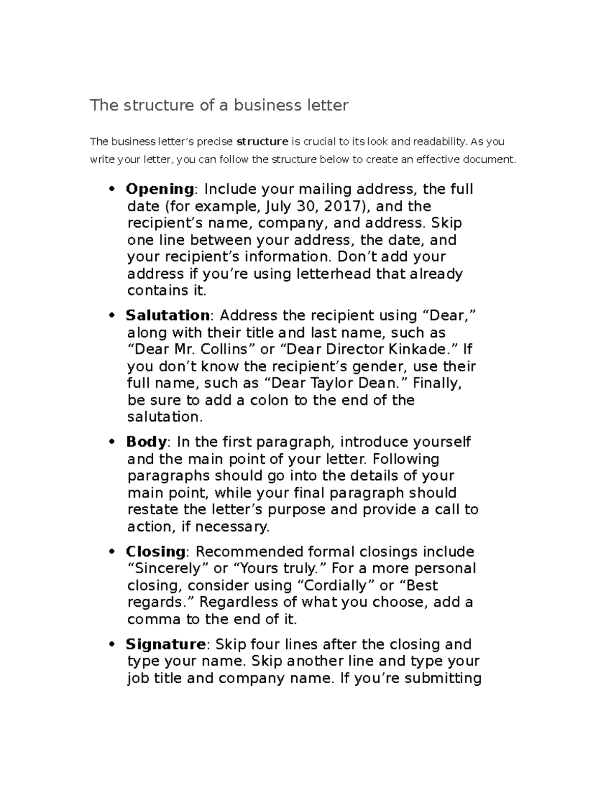 BUSINESS LETTER - The structure of a business letter The business ...