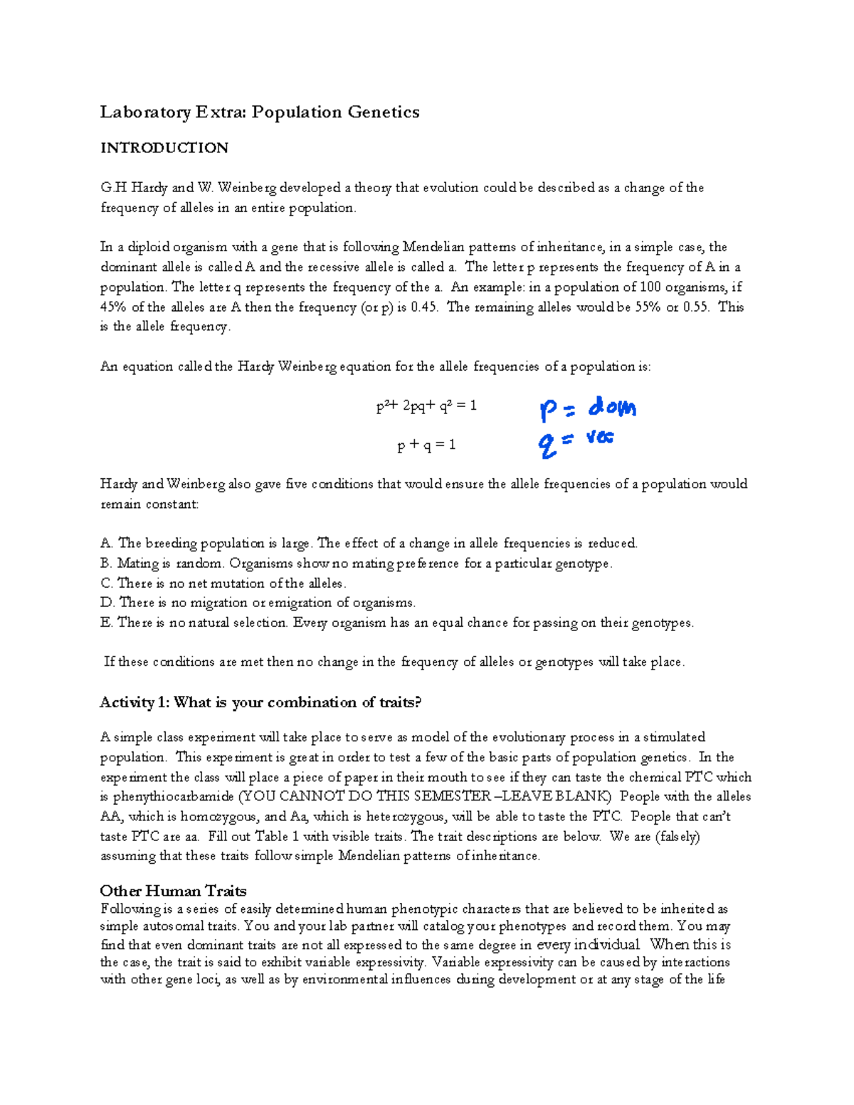 Population genetics lab - Laboratory Extra: Population Genetics ...
