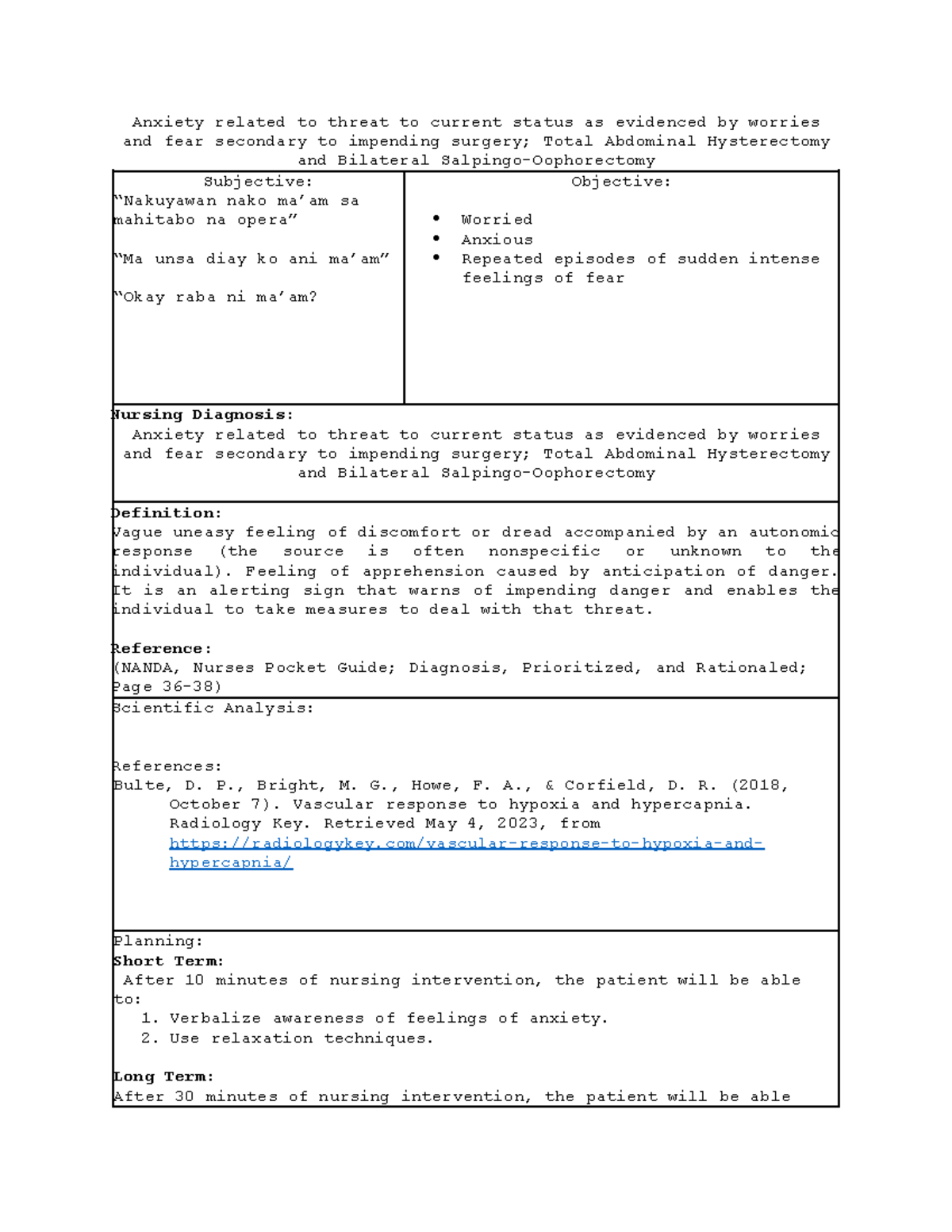 Anxiety-NCP - Anxiety related to threat to current status as evidenced ...