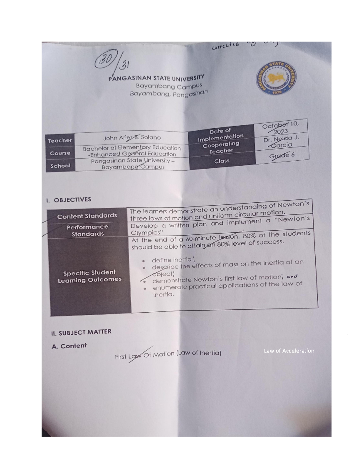 Lesson plan ( 2nd draft) - Bachelor of Elementary Education - Law of ...