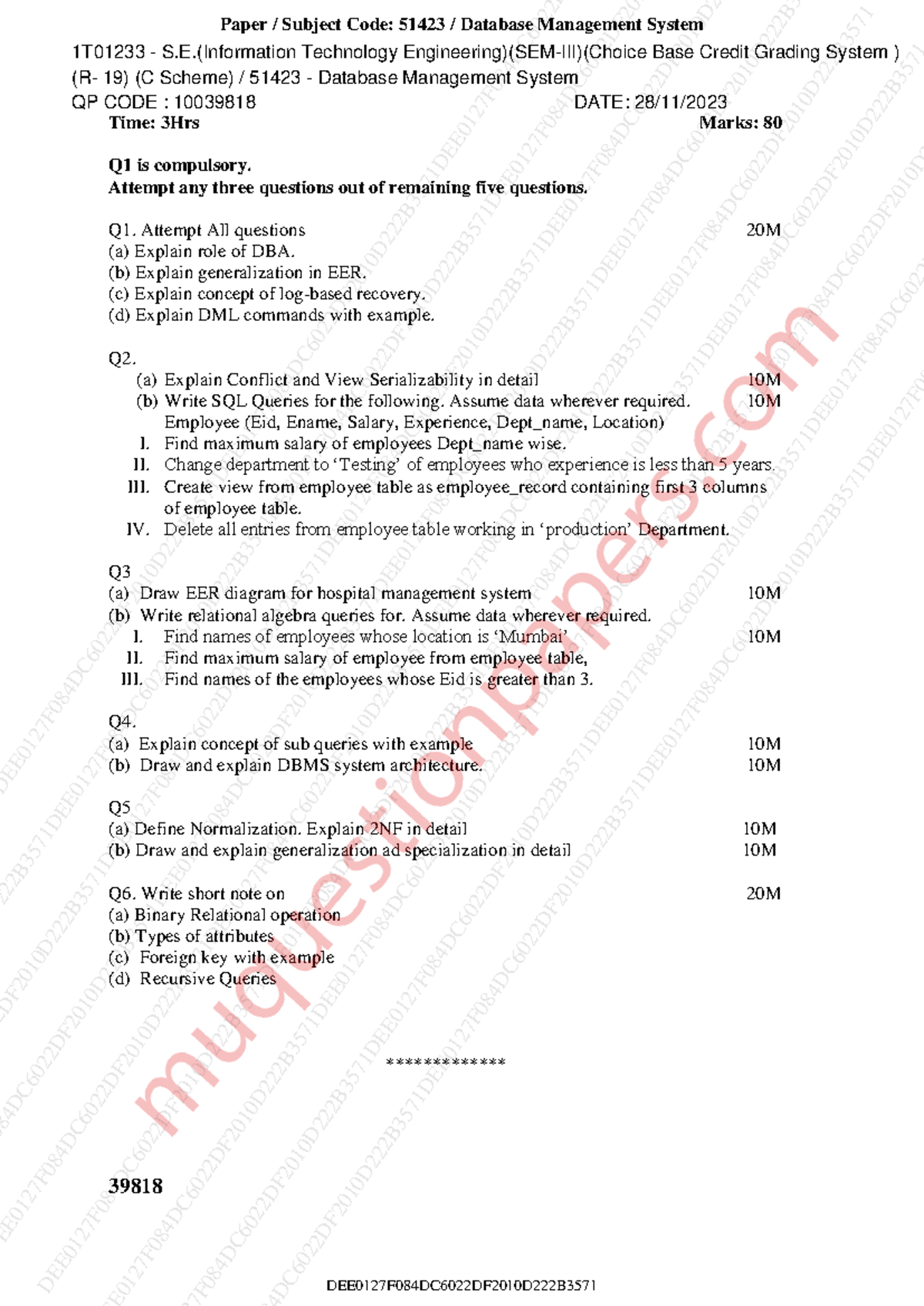 DBMS Question Papers MU - - Studocu