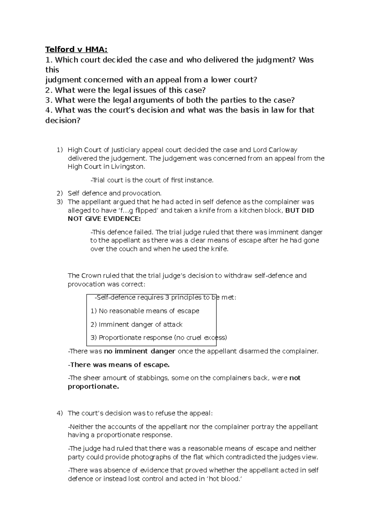 Criminal LAW Tutorial 1 - Telford v HMA: 1. Which court decided the ...