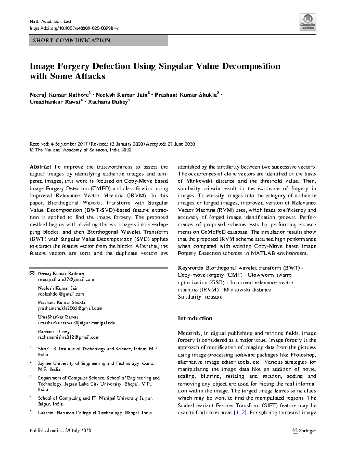 Image Forgery Detection Using Singular V In This Paper Biorthogonal Wavelet Transform With