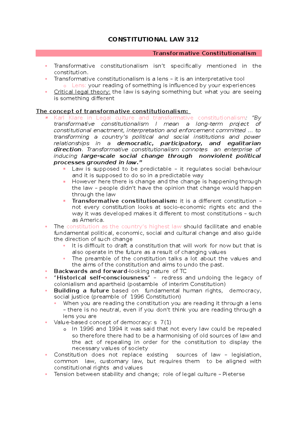 Con Law notes - CONSTITUTIONAL LAW 312 Transformative Constitutionalism ...