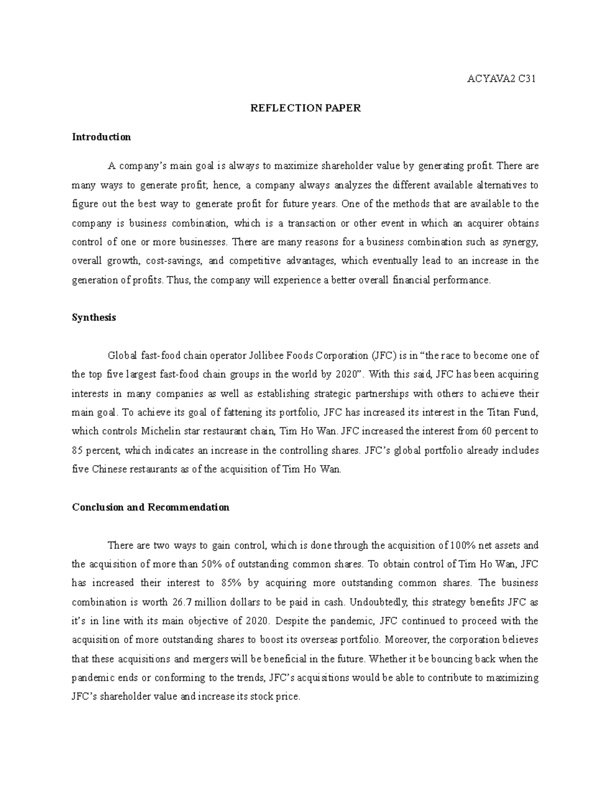Acyava 2.Reflection Paper - ACYAVA2 C REFLECTION PAPER Introduction A ...