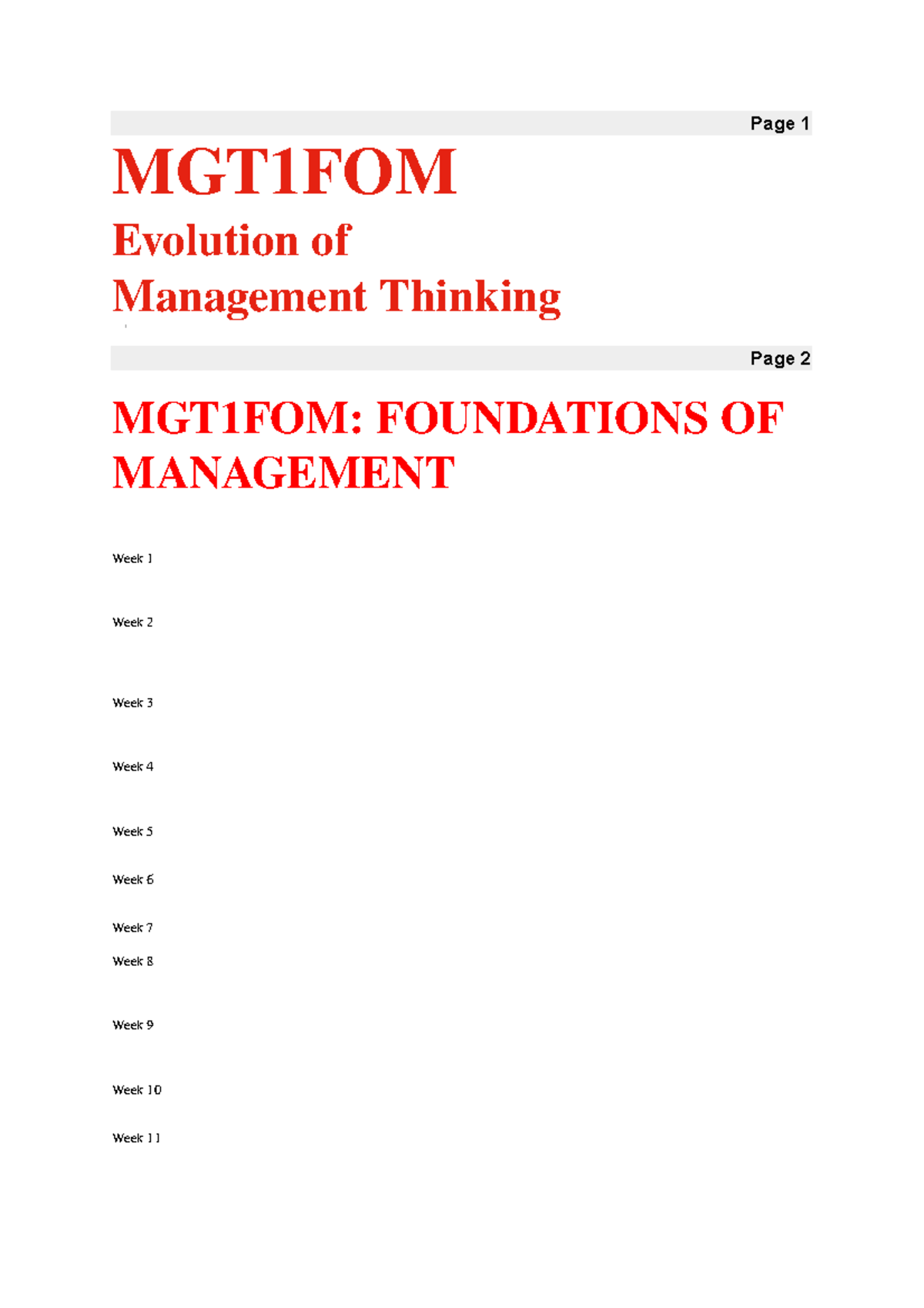Week 2 - Lecture notes 2 - Page 1 MGT1 FOM Evol ution of Manage ment ...