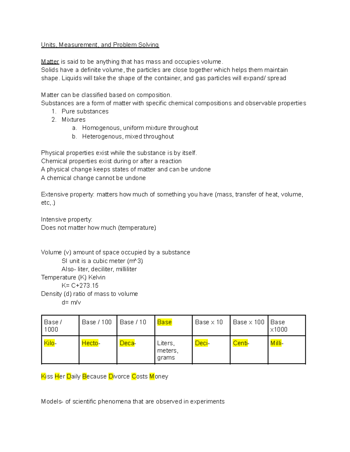 Chemistry Notes Week 1 - Units, Measurement, and Problem Solving Matter ...