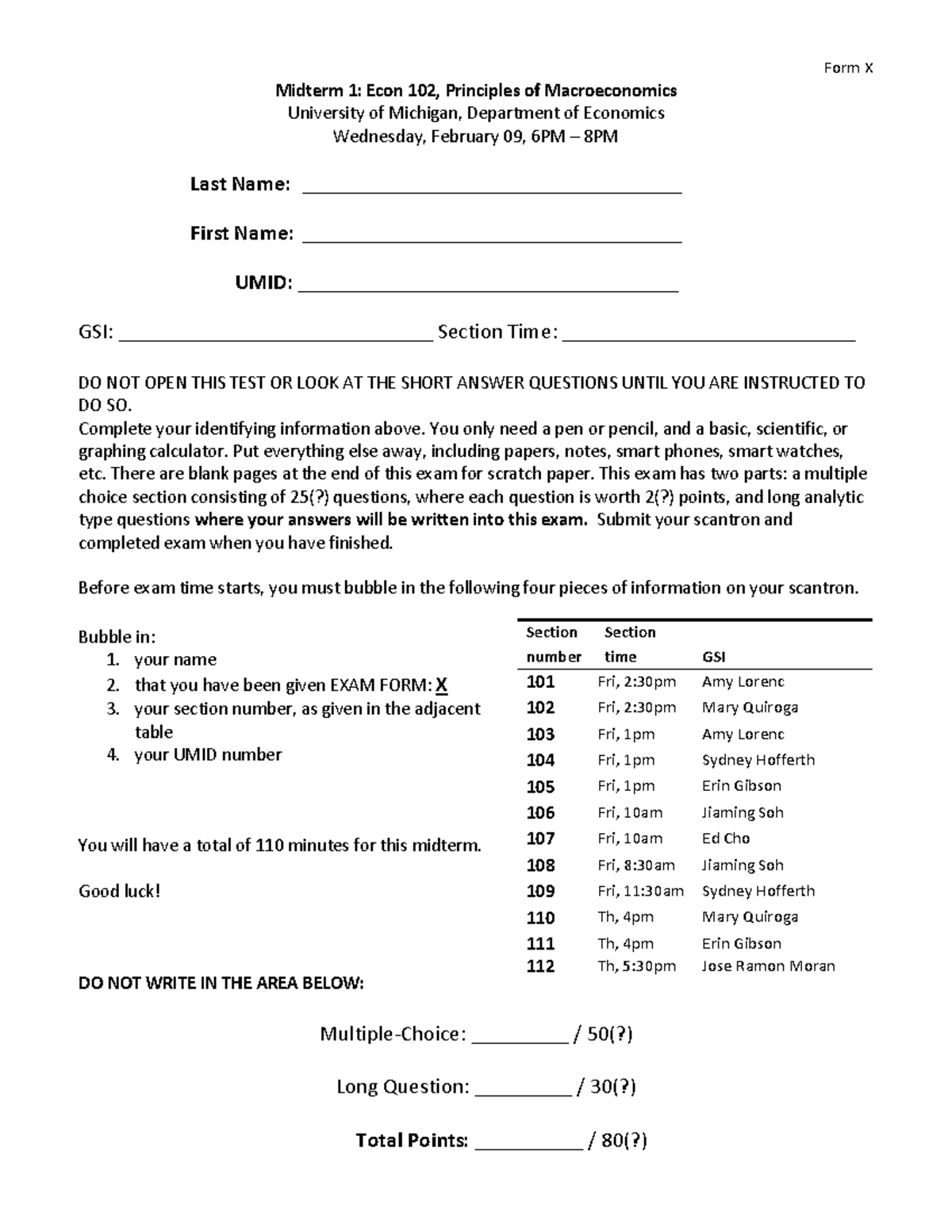Midterm+1+Cover+Sheet - Form X Midterm 1: Econ 102, Principles of ...