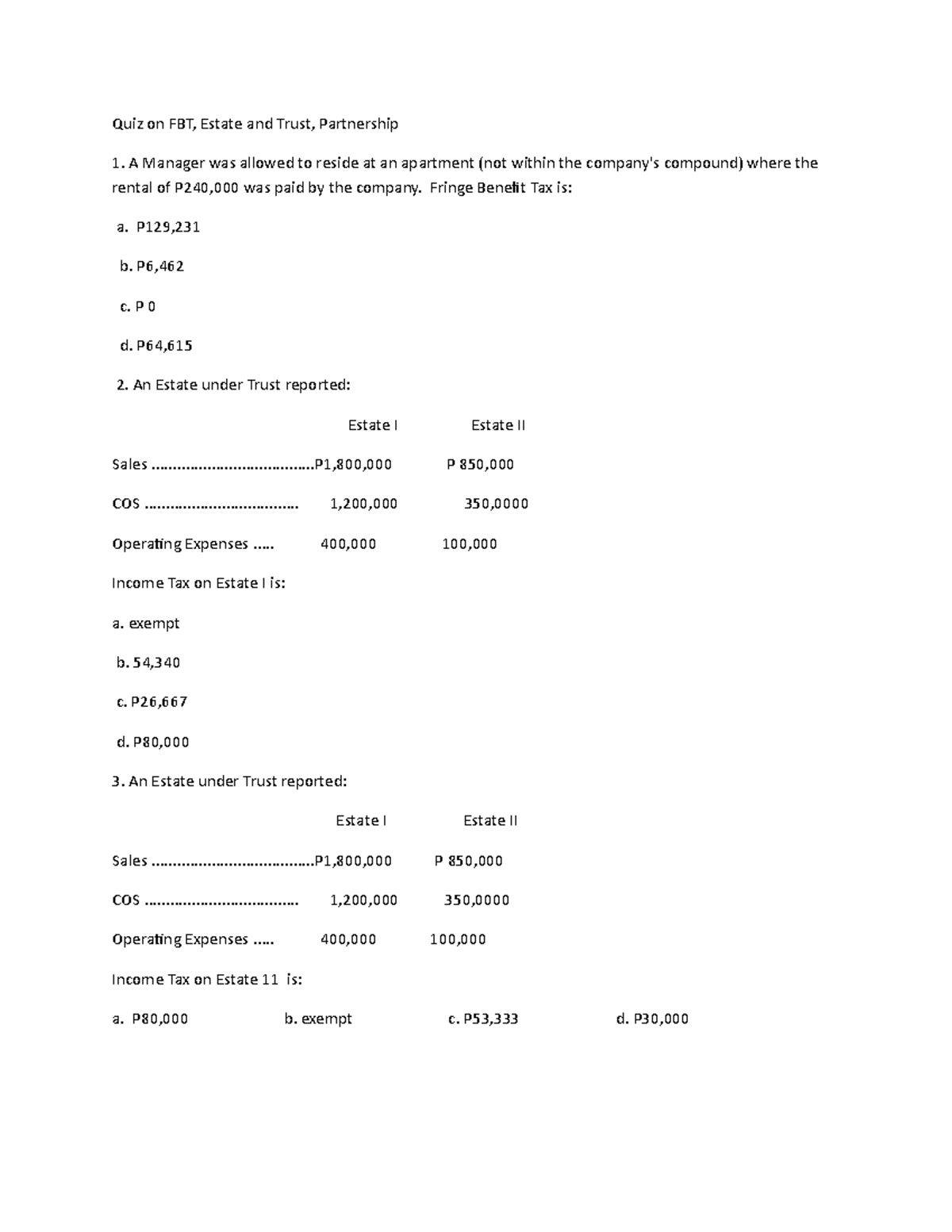 Quizzes Tax - tax practice materials - Quiz on FBT, Estate and Trust ...